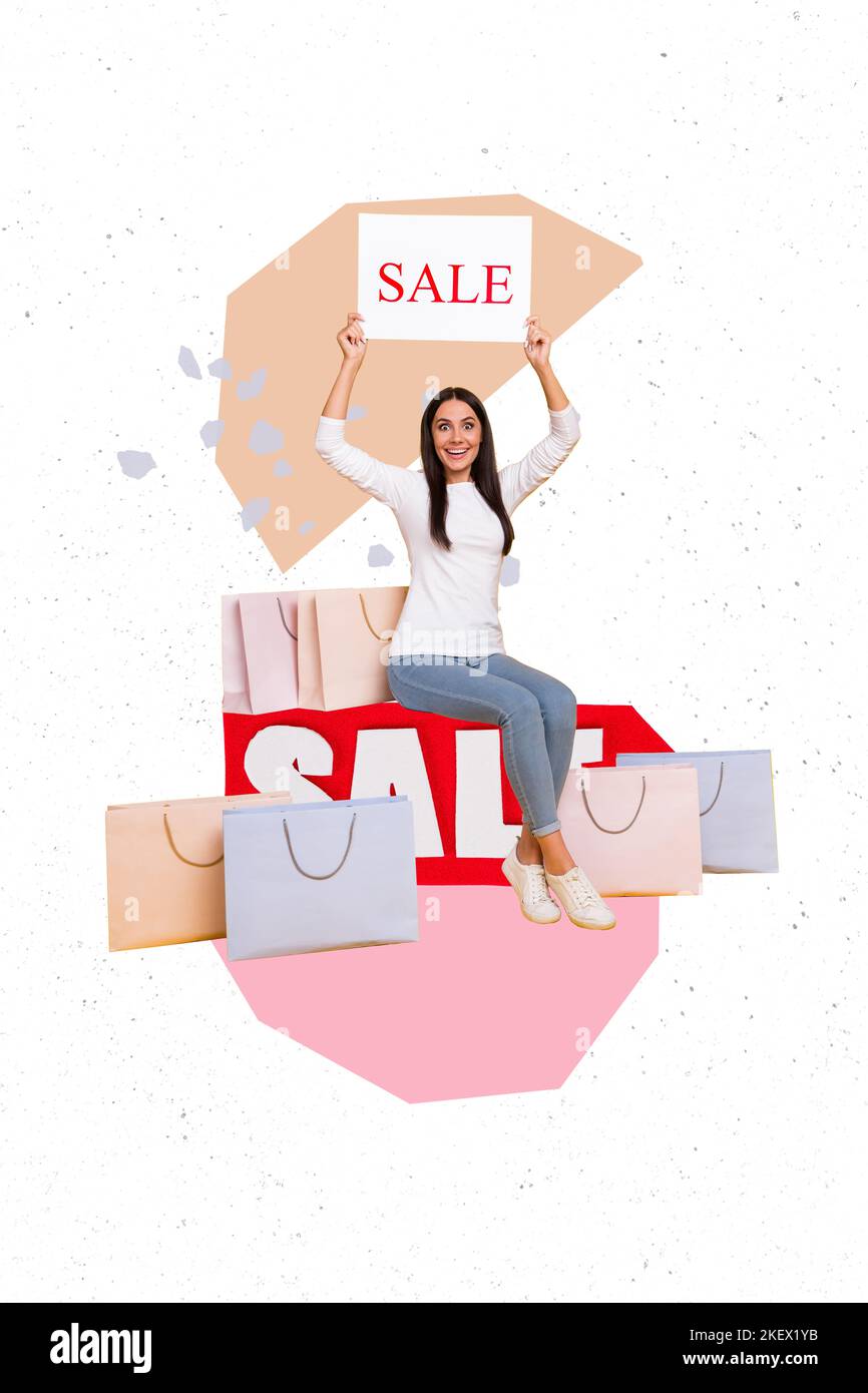 Collage photo of excited attractive young lady hold white paper placard ...