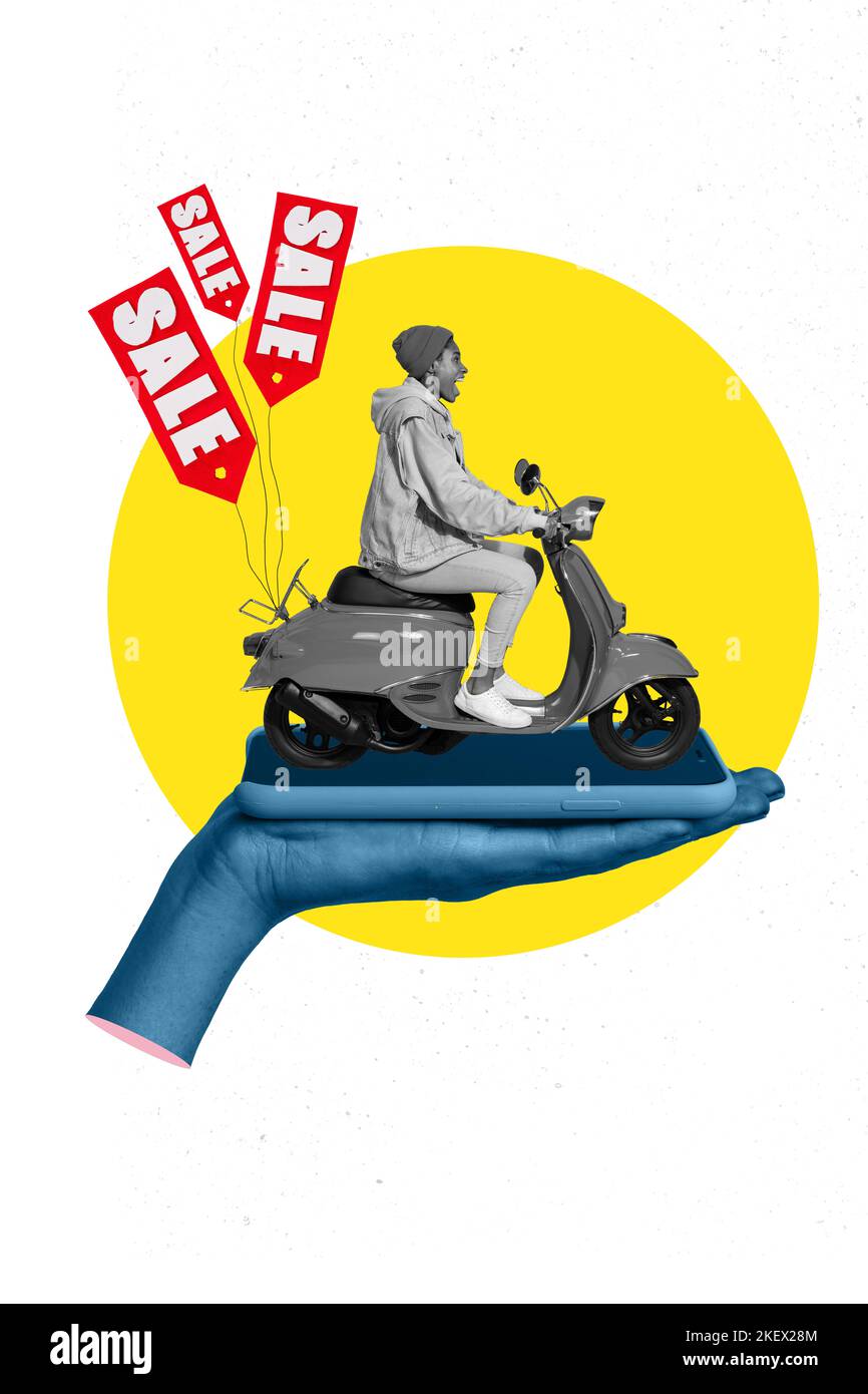 Creative photo 3d collage artwork of funny funky woman deliver order ...