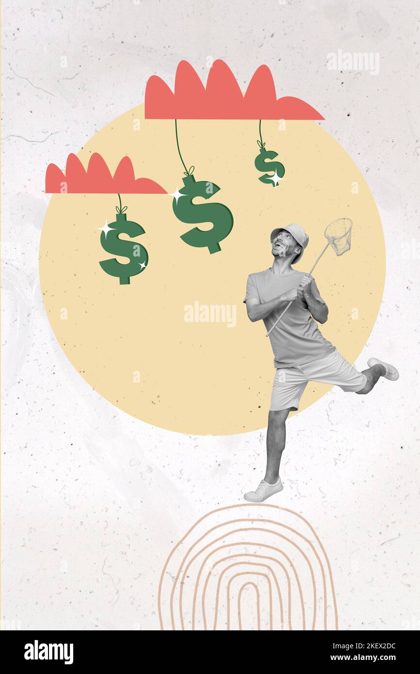 Collage photo of young man interested focused catching money dollars ...