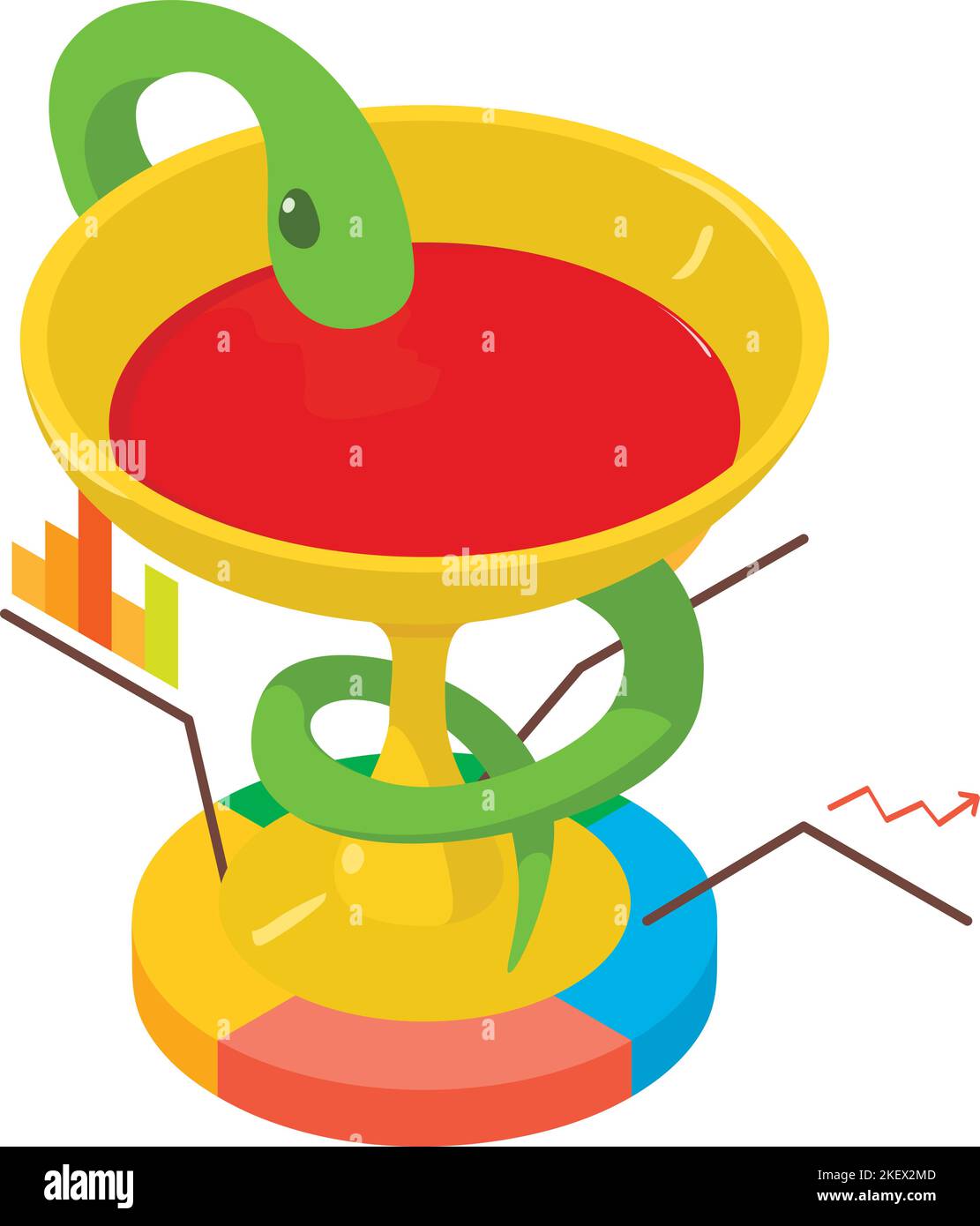 Medical symbol icon isometric vector. Green snake around golden bowl of ...