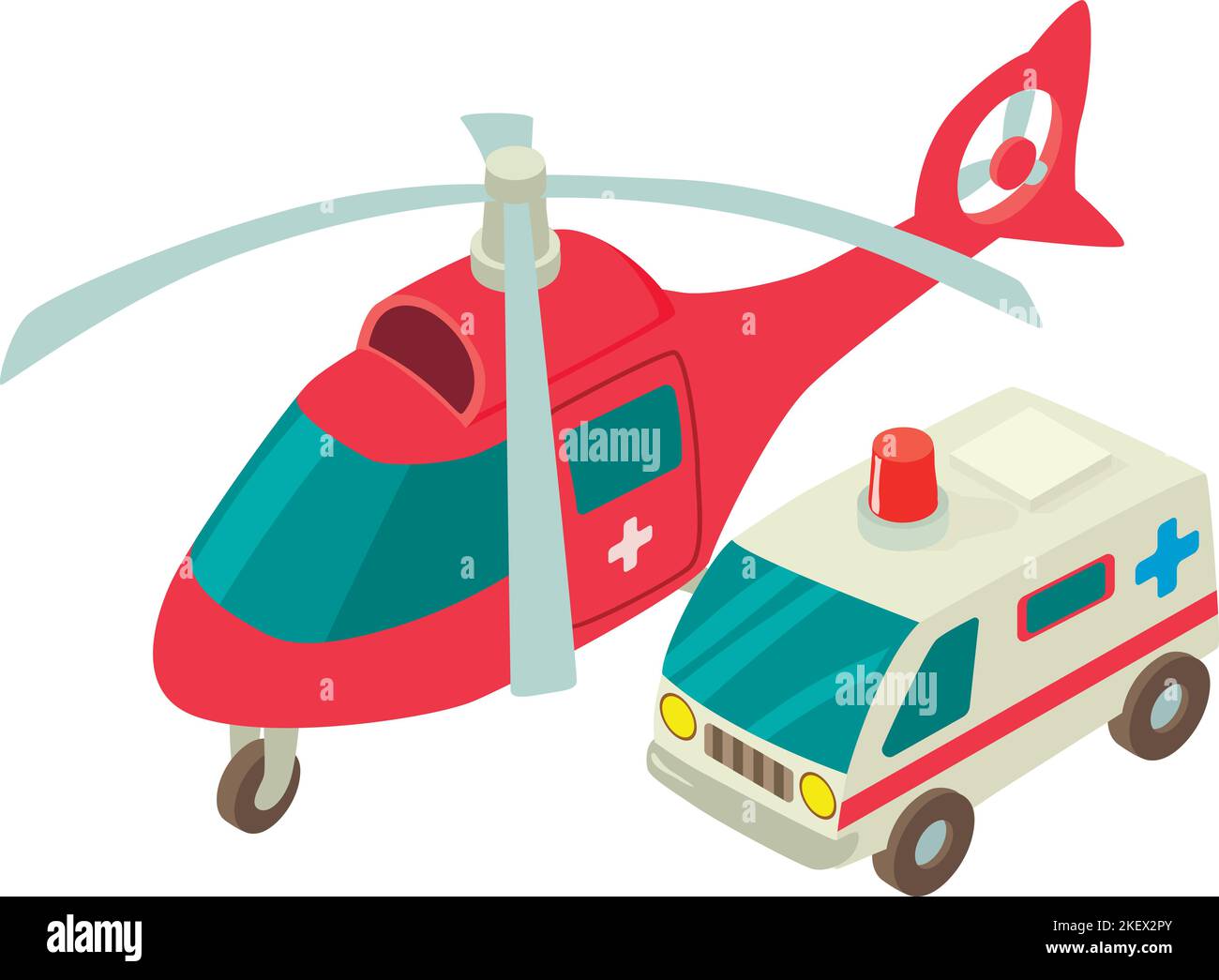 Medical transport icon isometric vector. Red helicopter and ambulance ...