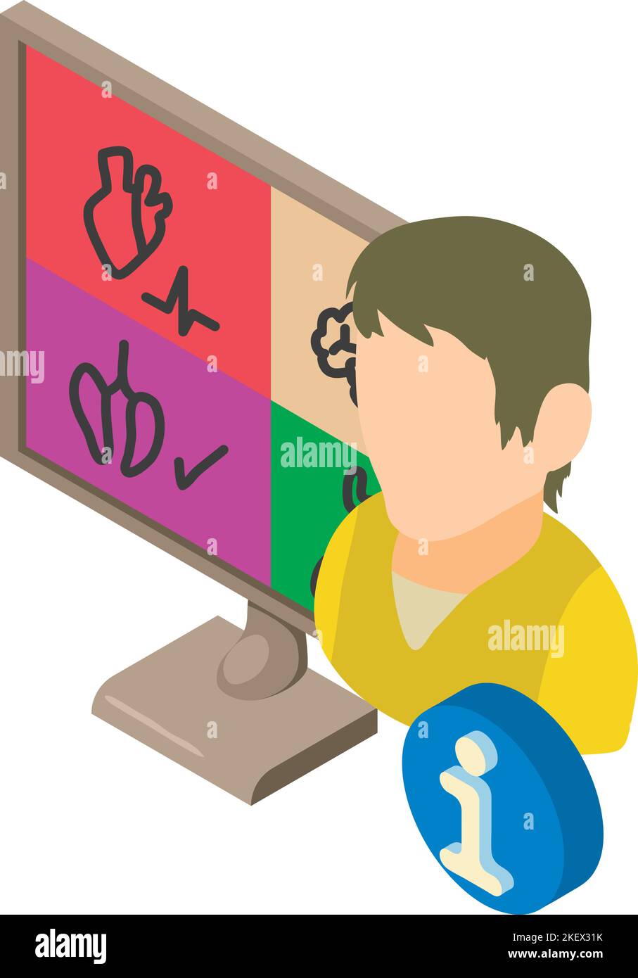 Organ diagnostic icon isometric vector. Man near screen and internal ...