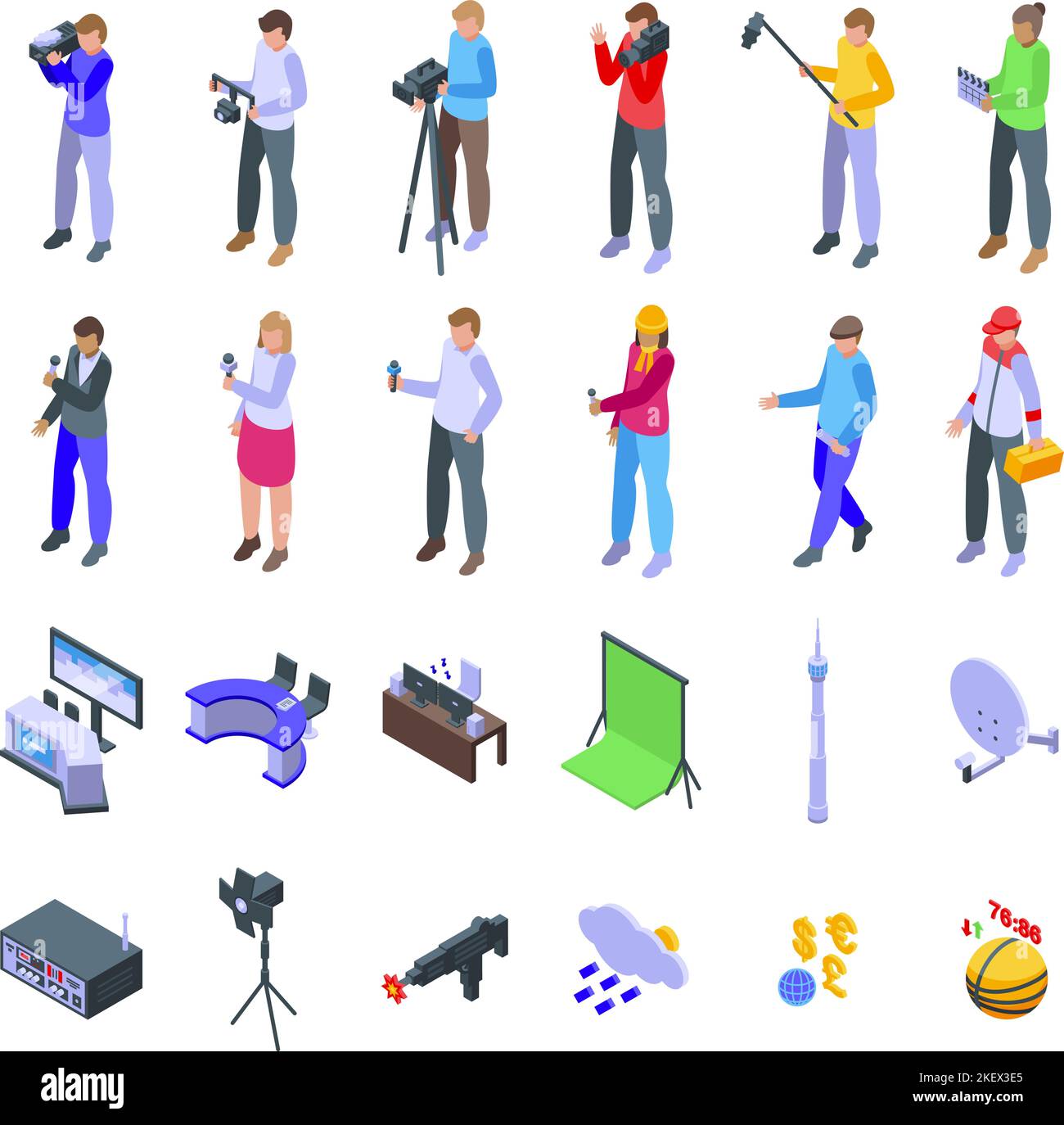 News production team icons set isometric vector. Studio tv. Talk ...