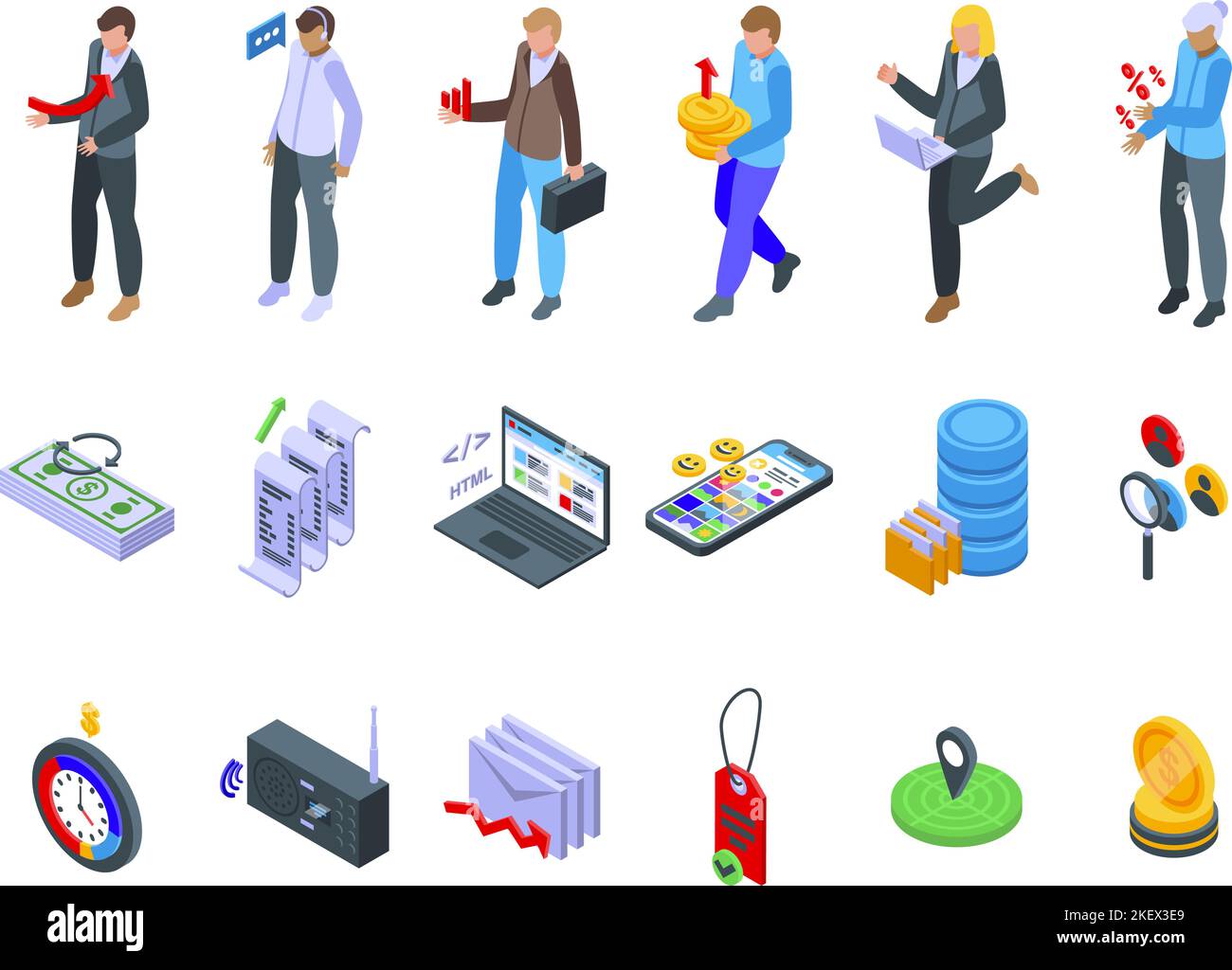 Sales performance icons set isometric vector. Service digital. Self ...
