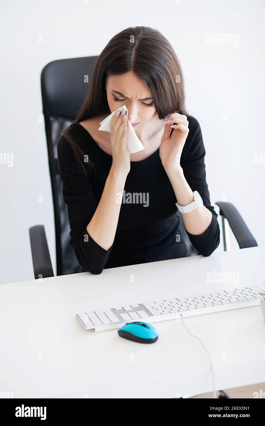 Pain. Ill Business Woman Suffering at Work Behind the Desk in Her ...