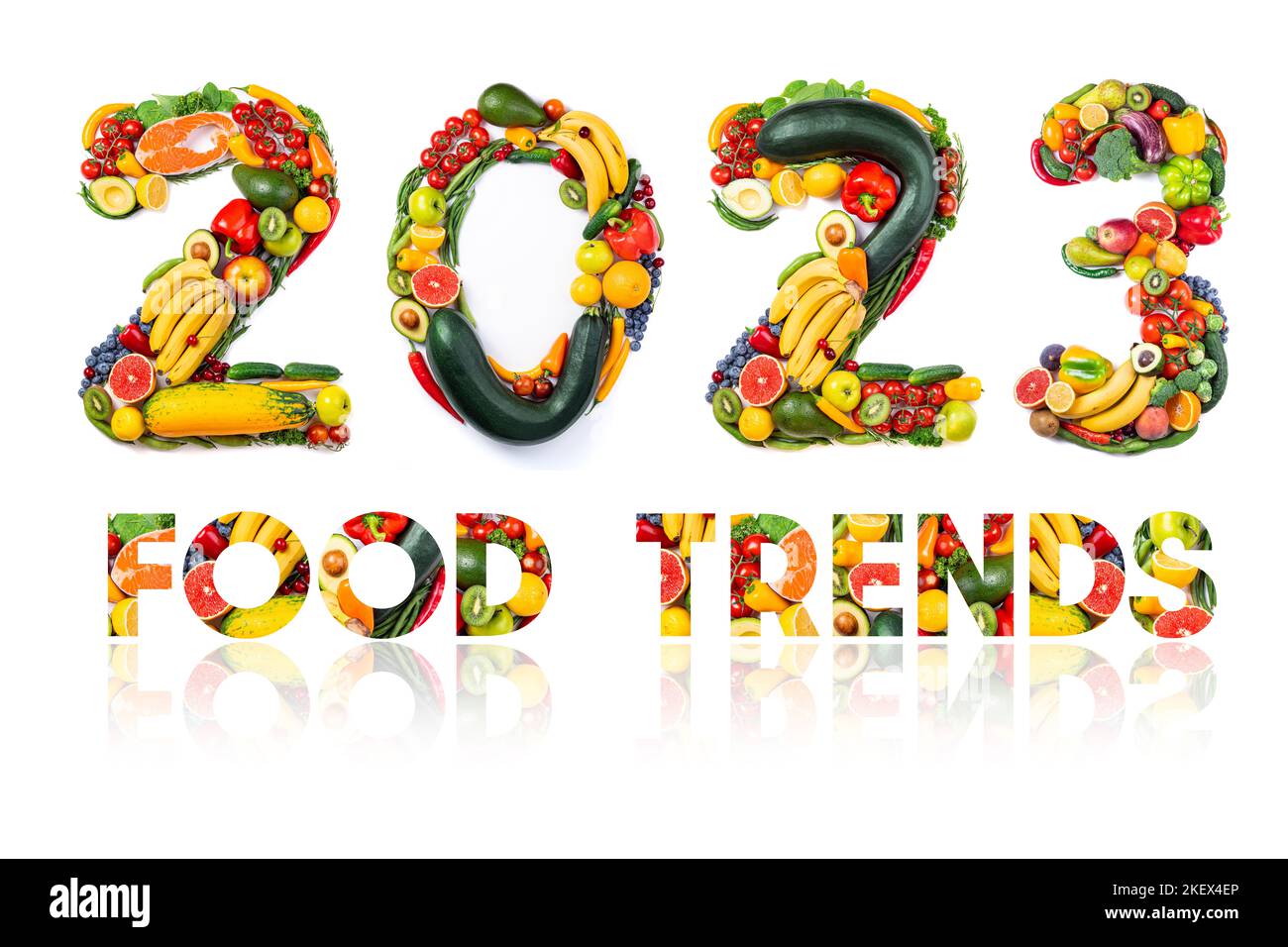 New year 2023 food trends. New Year 2023 made of vegetables, fruits and ...
