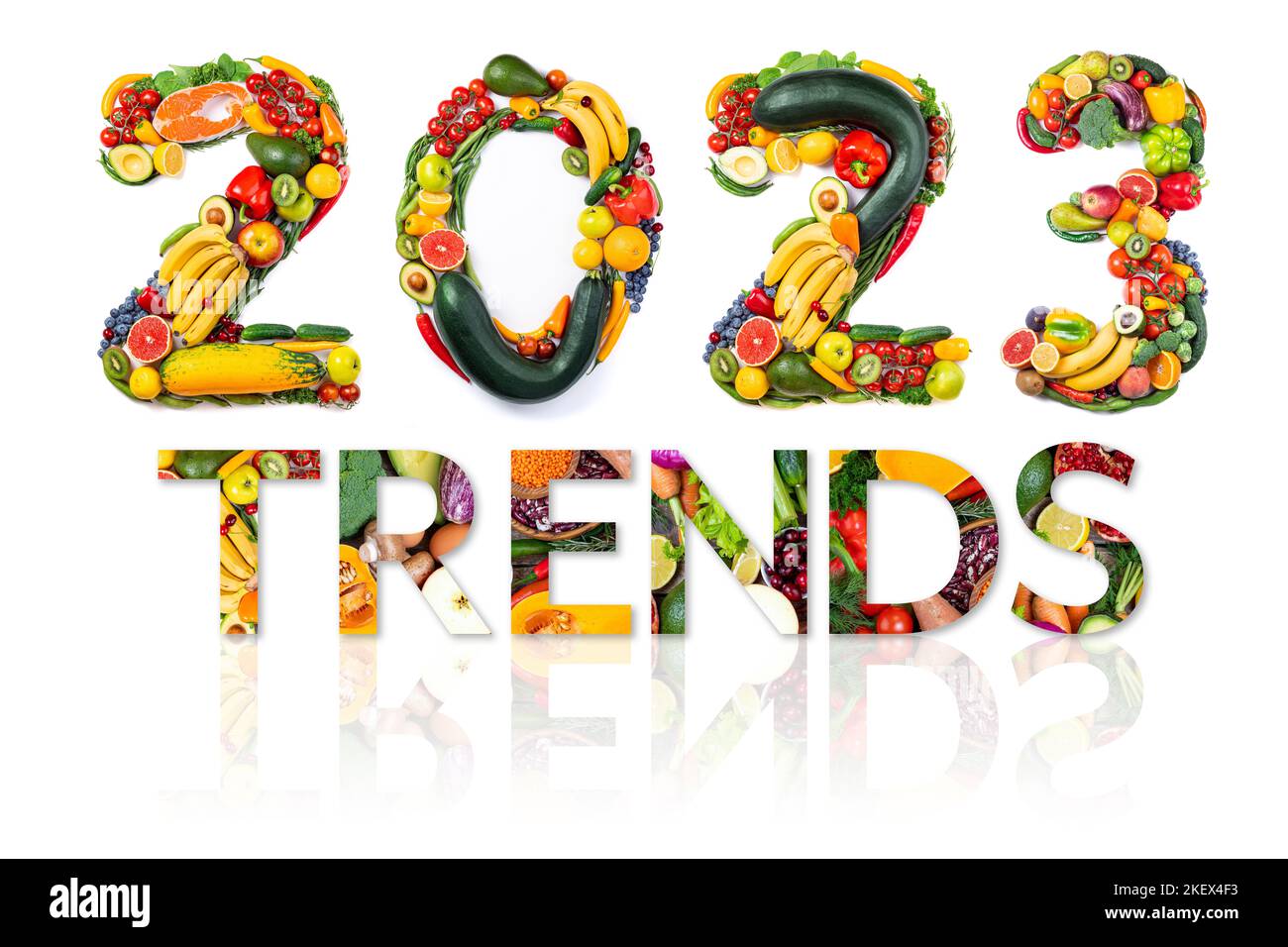 New year 2023 food trends. New Year 2023 made of vegetables, fruits and ...
