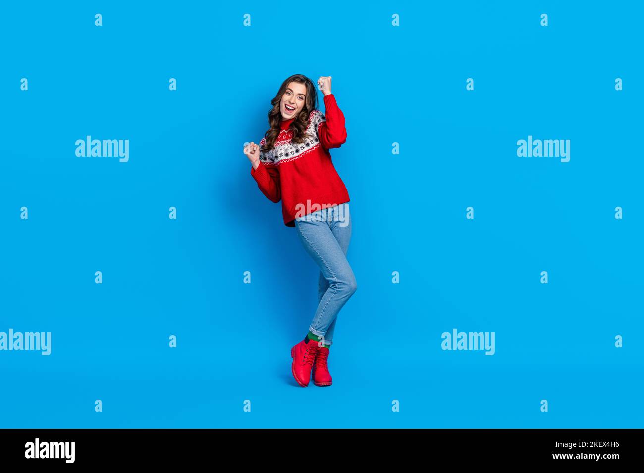Full size portrait of overjoyed delighted person raise fists success ...