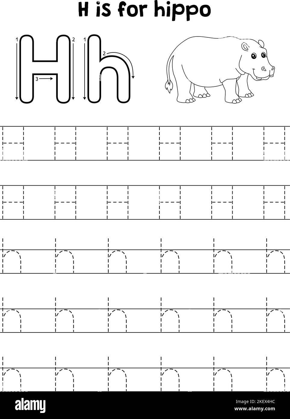Hippo Animal Tracing Letter ABC Coloring Page H Stock Vector Image ...