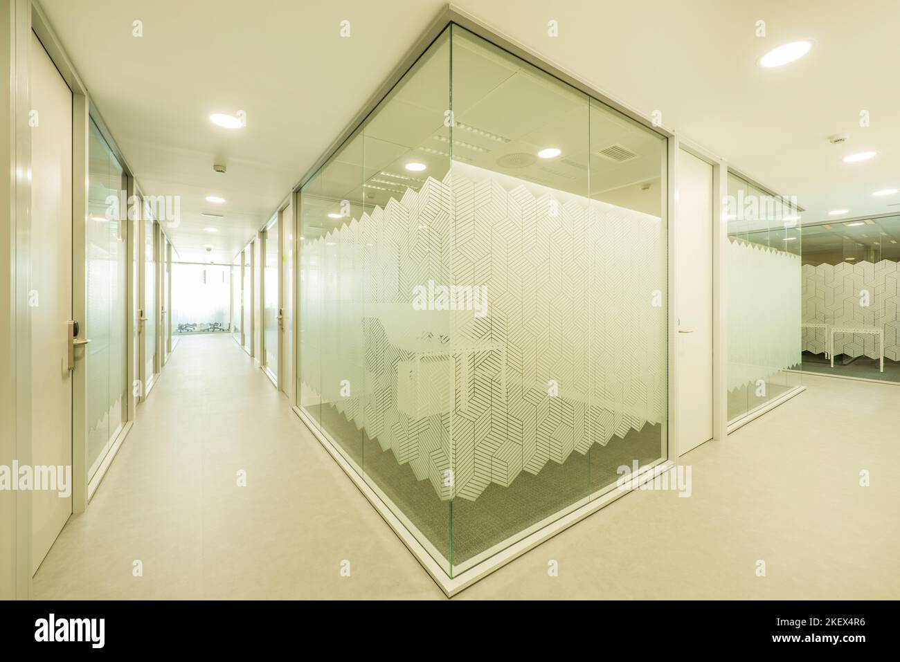 Corridors of a coworking office with cubicles and glass partitions ...