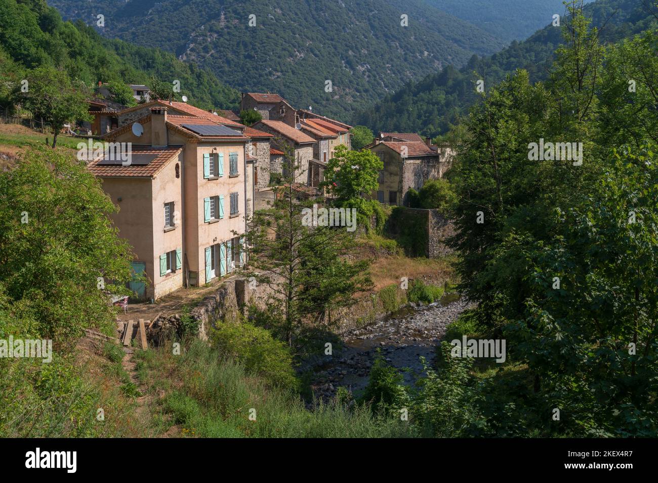 Rural summer landscape of ancient mountain village Gincla with old ...
