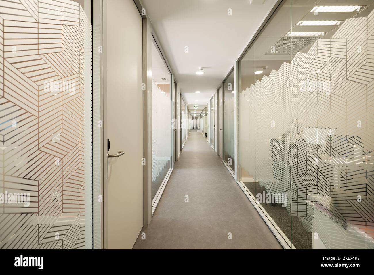 Long corridors of a coworking office with cubicles and glass partitions ...