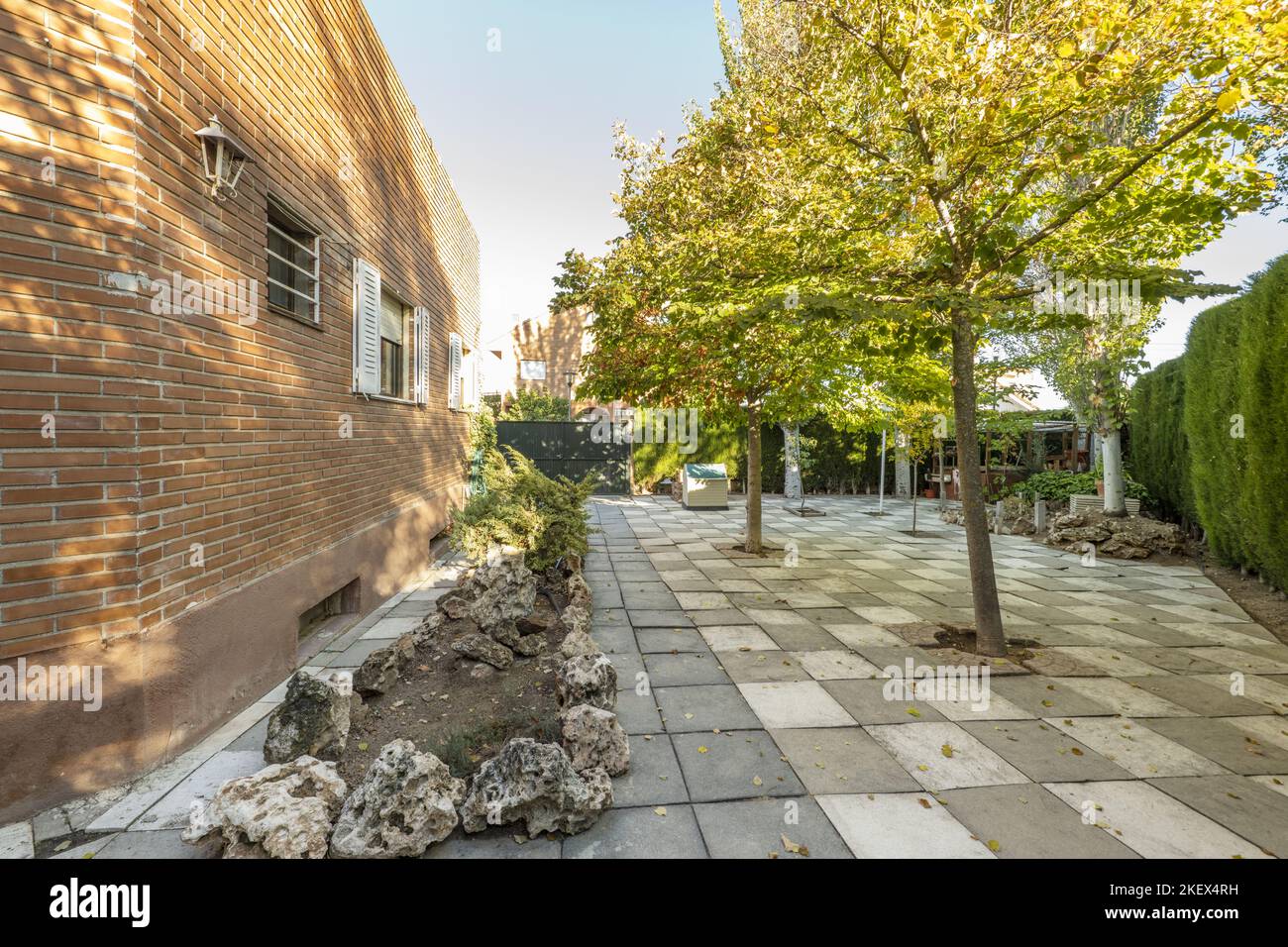 Patio of a single-family house with trees with their pits, go with ...