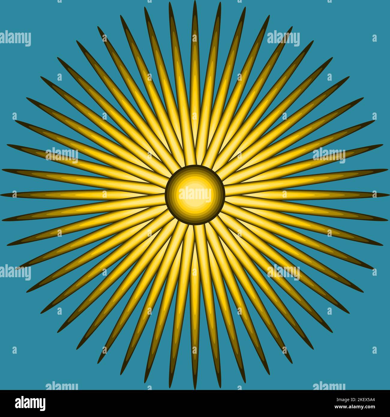 Stylized sun on blue background. Sun shines with warm golden rays Stock ...