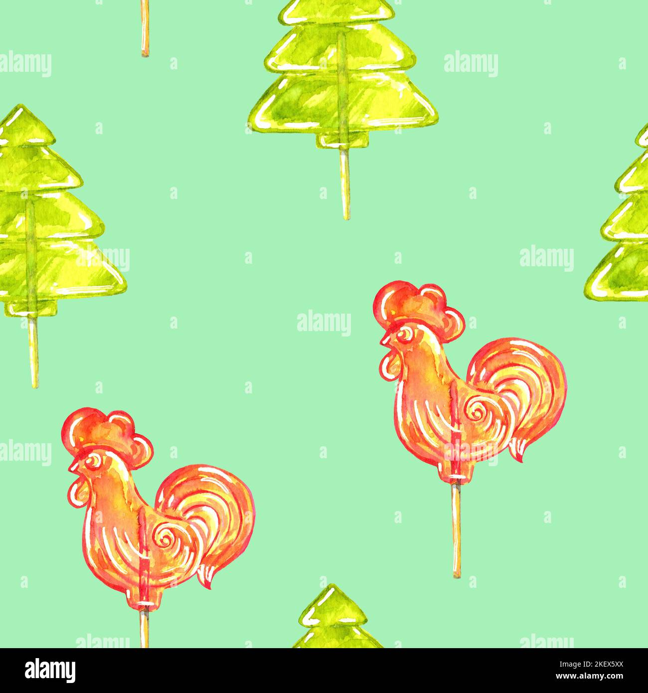 Lollipops with Christmas tree and rooster. Watercolor sweet Christmas ...