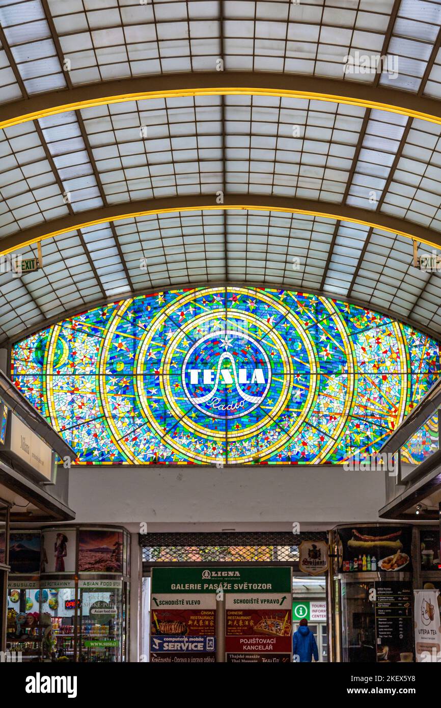 Colourful stained glass window with Tesla Radio Logo in the Svetozor ...