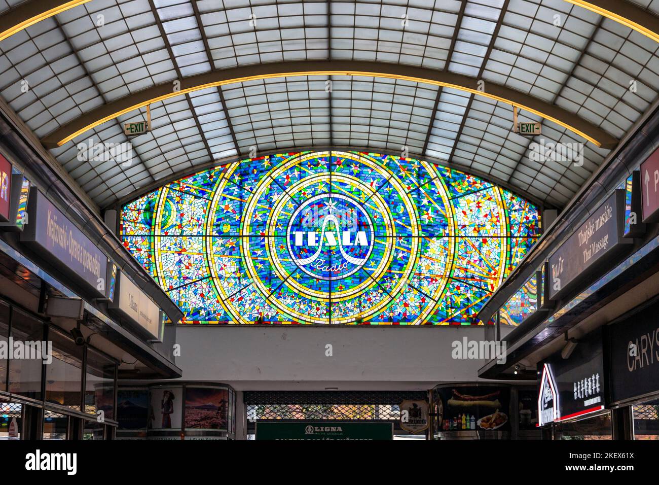 Colourful stained glass window with Tesla Radio Logo in the Svetozor ...