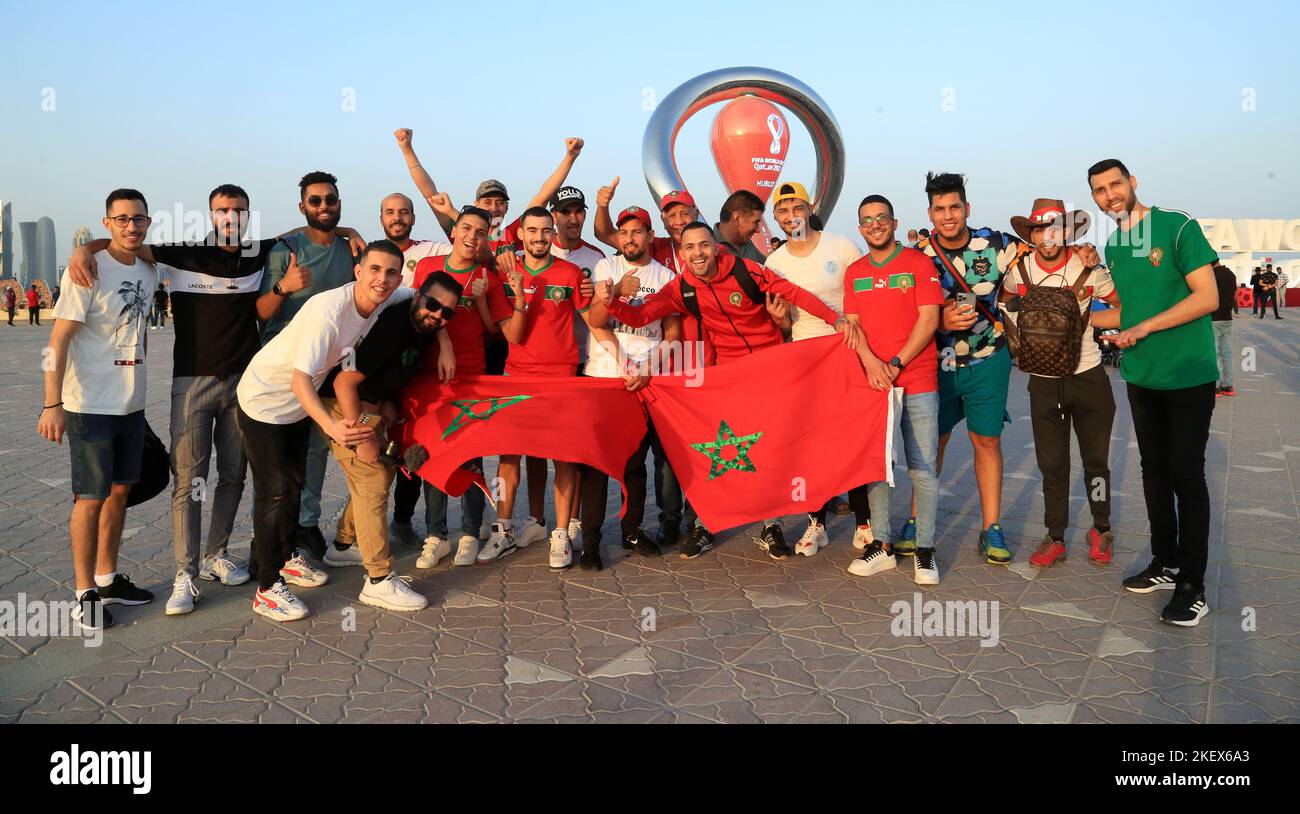 Doha, Qatar. 14th Nov, 2022. Moroccan fans attend Doha Corniche, one of ...