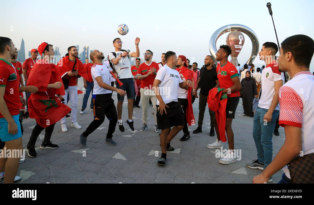 Doha, Qatar. 14th Nov, 2022. Moroccan fans attend Doha Corniche, one of ...