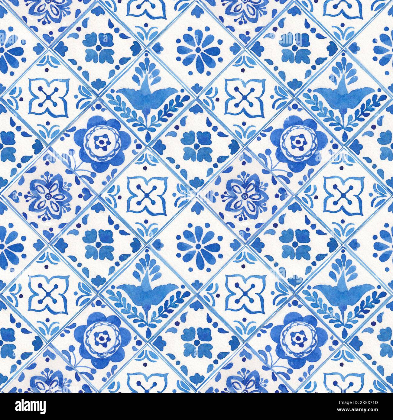 Watercolor blue style porcelain seamless pattern, dutch ceramic tiling ...