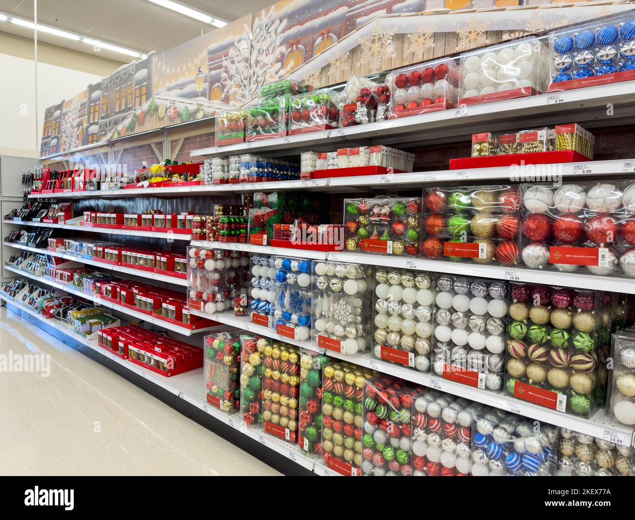 Various choice of Christmas ornaments and souvenirs display in ...