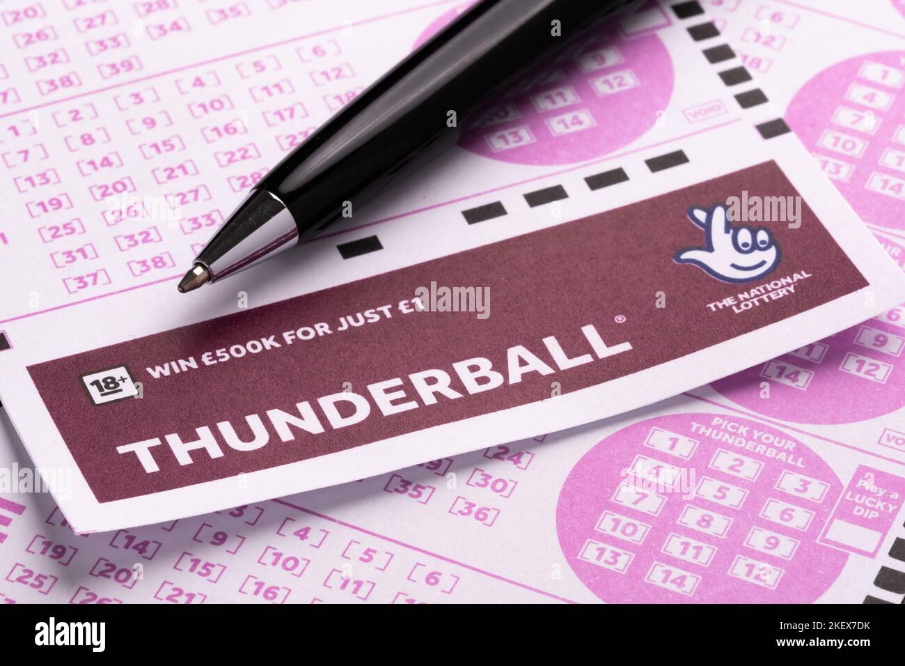 THUNDERBALL blank lottery tickets and the black pen placed on top. Concept. Selective focus ...