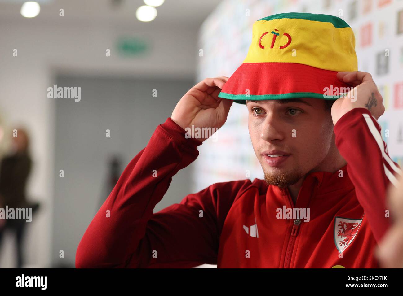 Cardiff, UK. 14th Nov, 2022. Neco Williams of Wales tries on a bucket ...