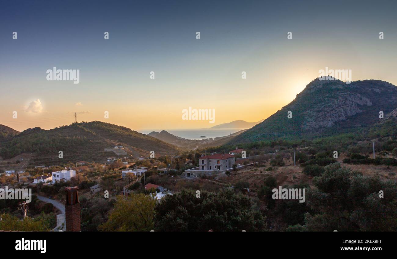 Datca, Mugla, Turkey - November 2022: A sunset view of the small ...