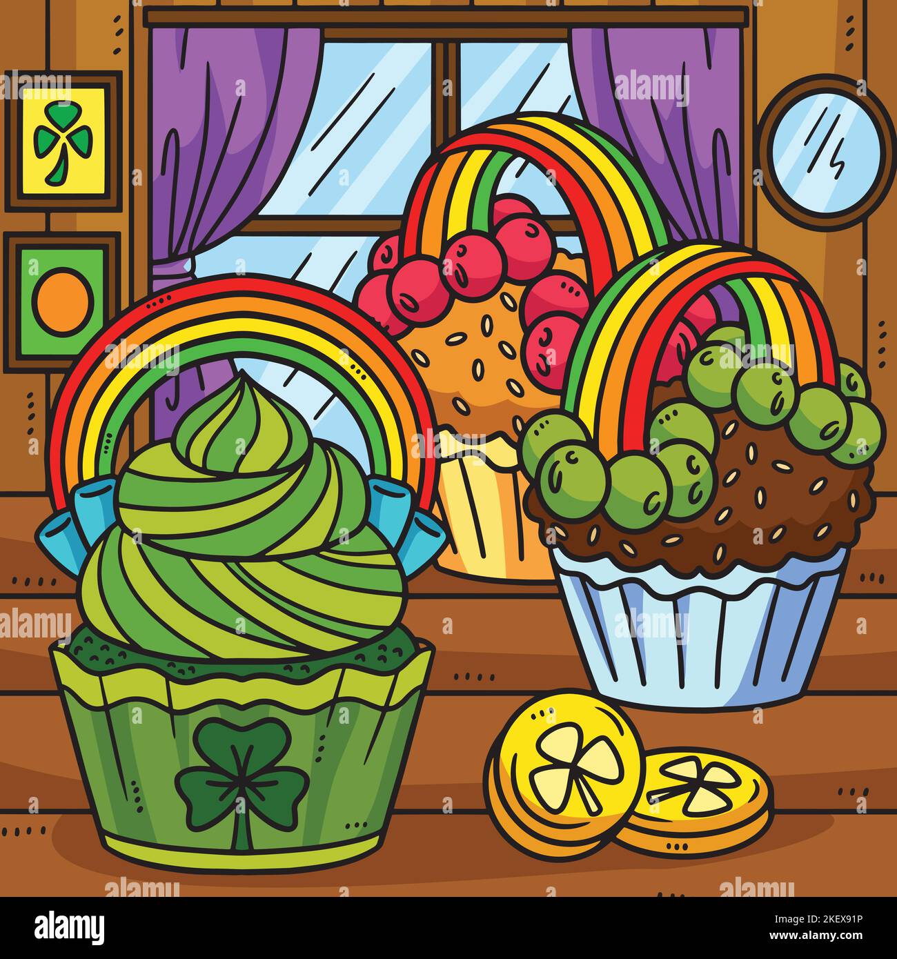 St. Patricks Day Rainbow Cupcakes Colored Cartoon Stock Vector Image ...