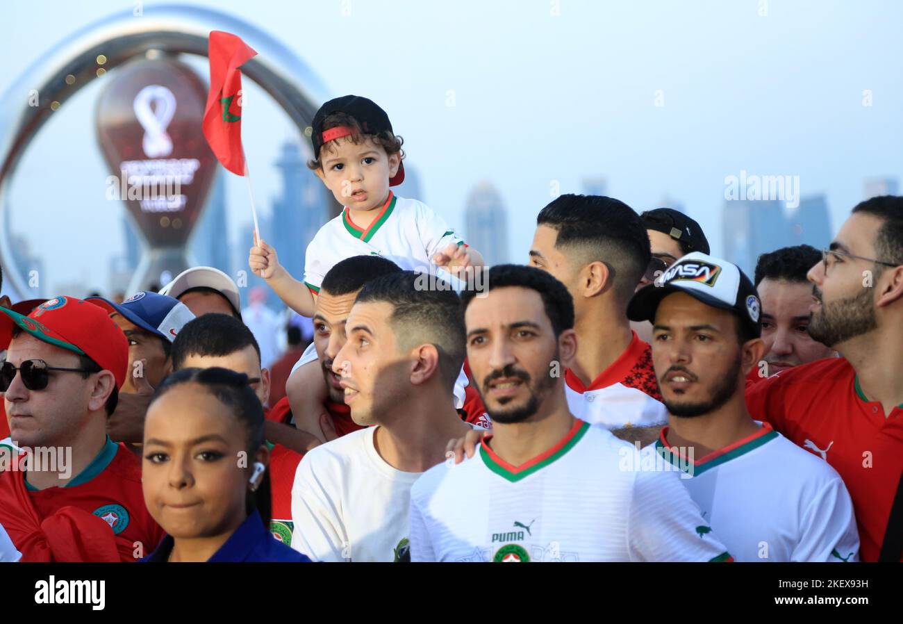 November 14, 2022, Doha, Qatar: Moroccan fans attend Doha Corniche, one ...
