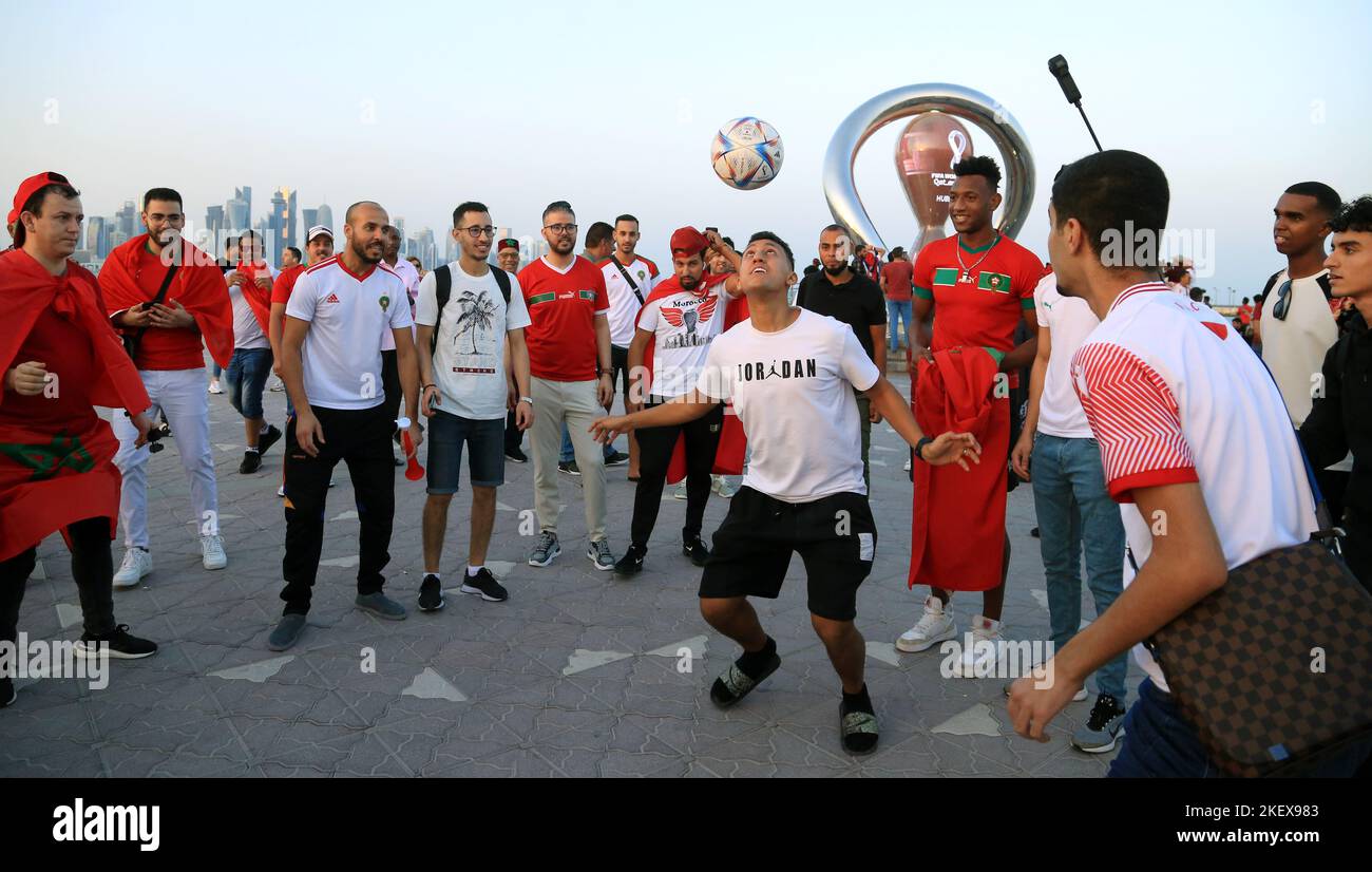 November 14, 2022, Doha, Qatar: Moroccan fans attend Doha Corniche, one ...