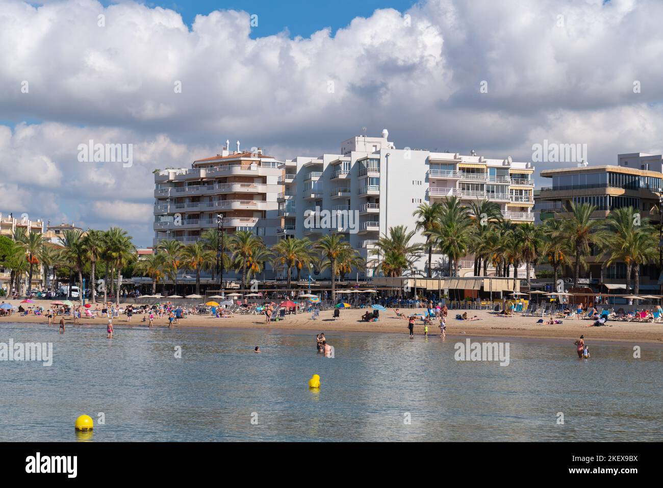 Platja de Llevant Salou seafront with beach, buildings, sea and palm ...