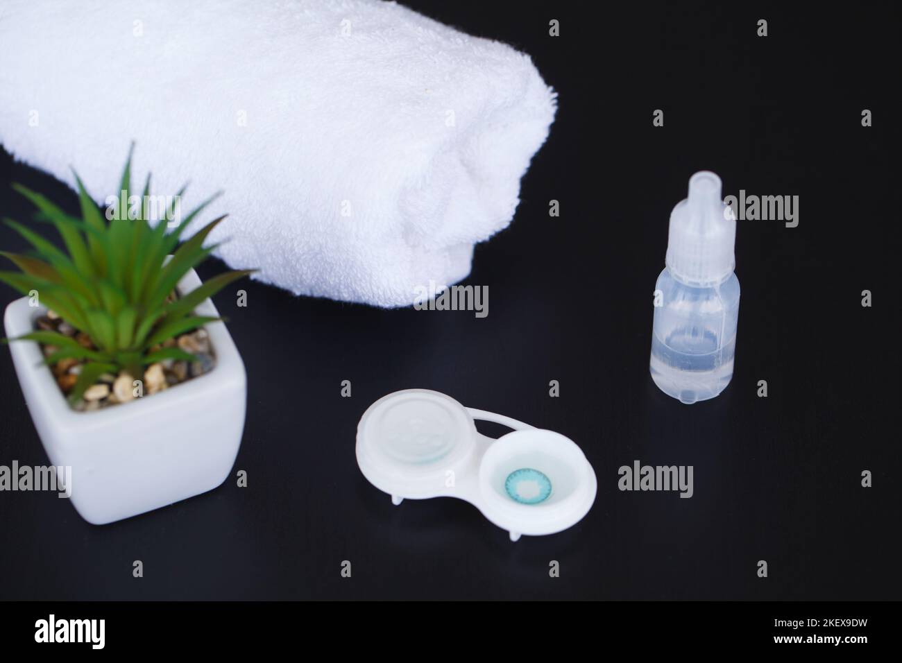 Vision Contact Lenses. Bottle with lens solution and case on wood table ...