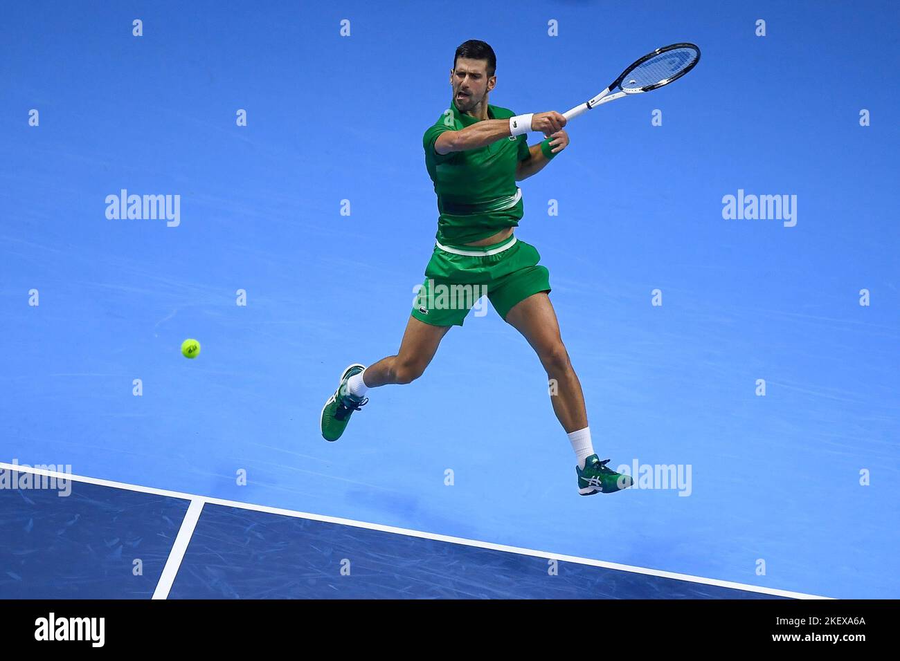 Turin, Italy. 14 November 2022. Novak Djokovic of Serbia plays a ...