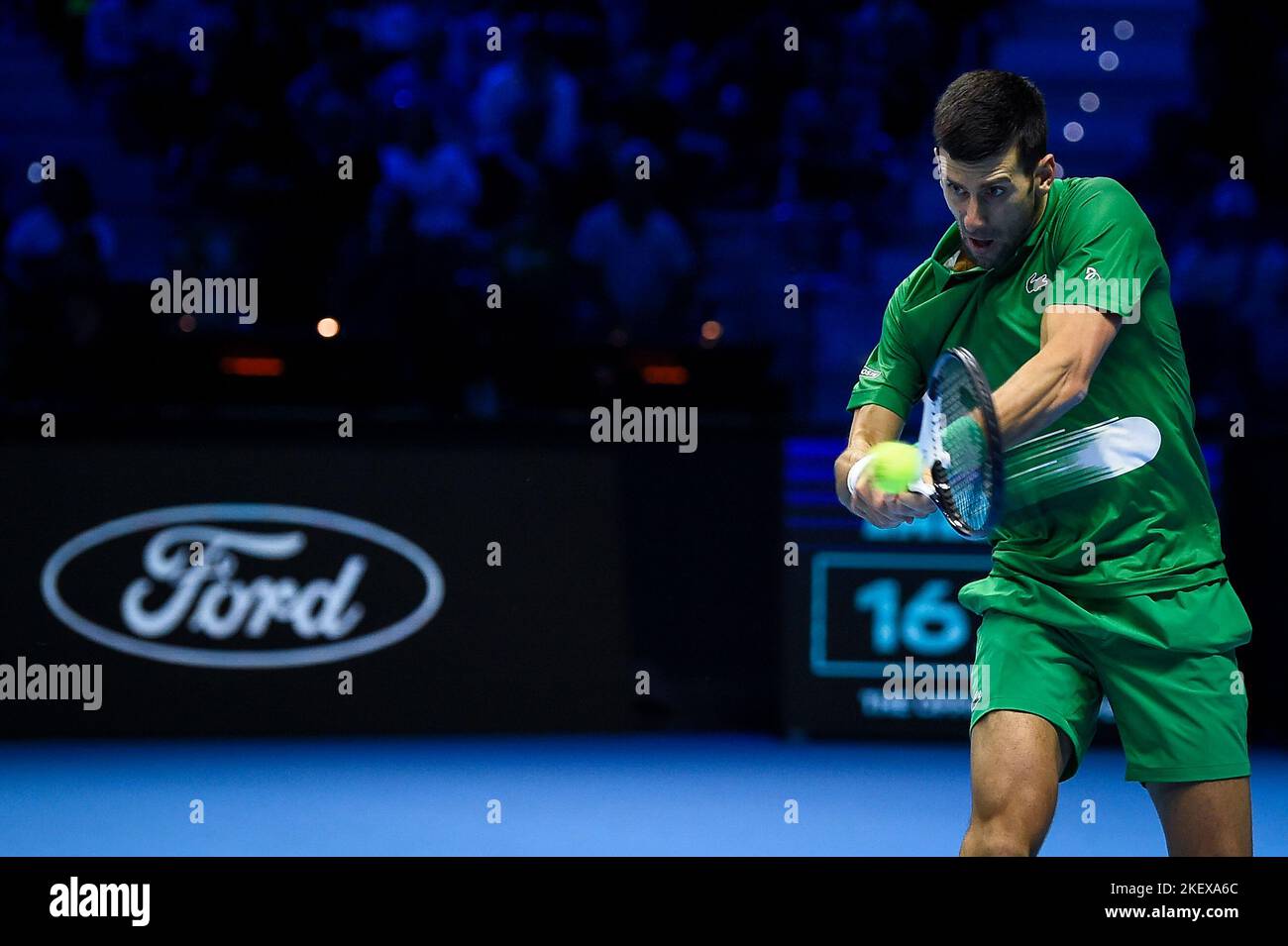 Turin, Italy. 14 November 2022. Novak Djokovic of Serbia plays a ...