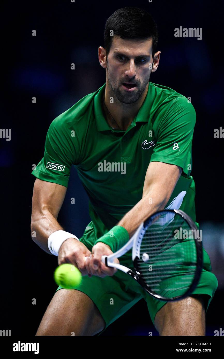 Turin, Italy. 14 November 2022. Novak Djokovic of Serbia plays a ...