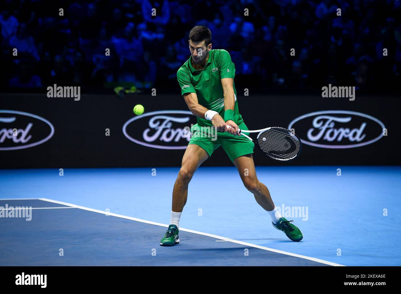 Turin, Italy. 14 November 2022. Novak Djokovic of Serbia plays a ...