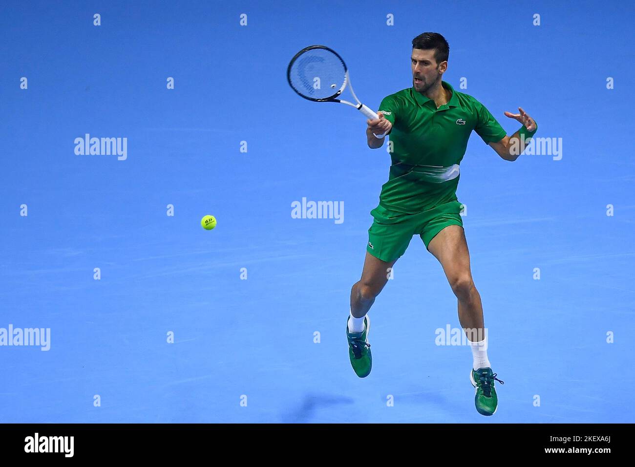 Turin, Italy. 14 November 2022. Novak Djokovic of Serbia plays a ...