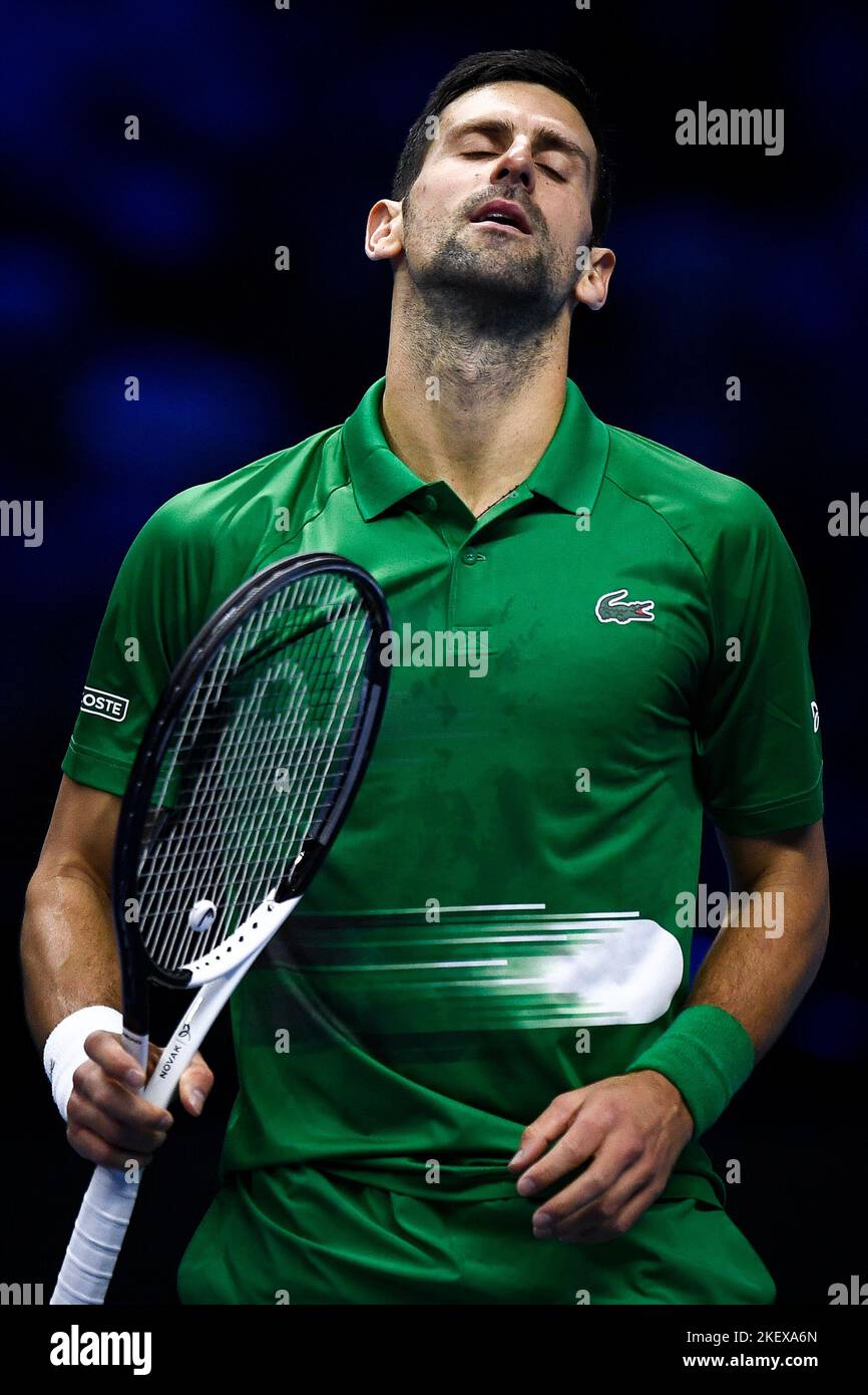 Turin, Italy. 14 November 2022. Novak Djokovic of Serbia looks dejected ...