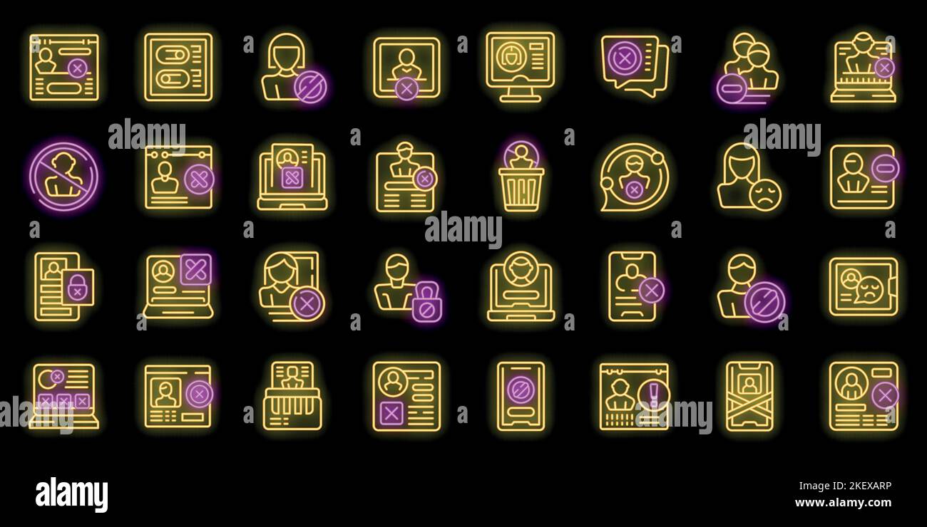 Deleting Social Account Icons Set Outline Vector Delete Addiction App Block Neon Color On