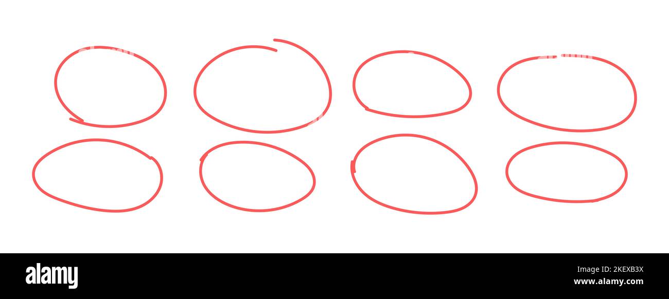 Collection of different red circles. Set hand drawn highlight circle ...