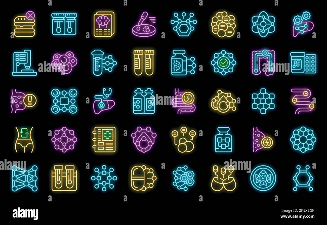 Enzymes icons set outline vector. Digestive food. Structure body neon ...