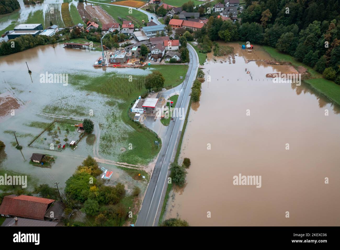 Flash flood caused by heavy rainfall, a torrent from mountain stream ...