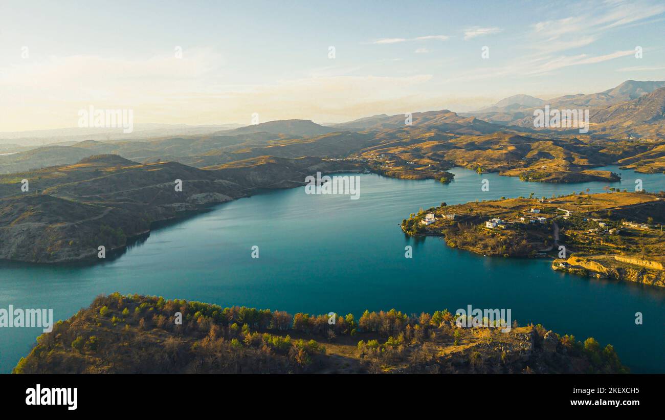 Panoramic dramatic view of Green Lake Manavgat with green hills and ...