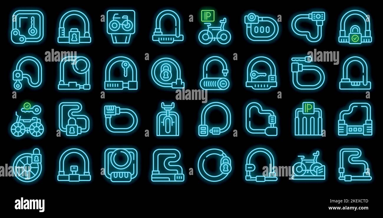 Cycling lock icons set outline vector. Smart bike. Lock bicycle neon ...