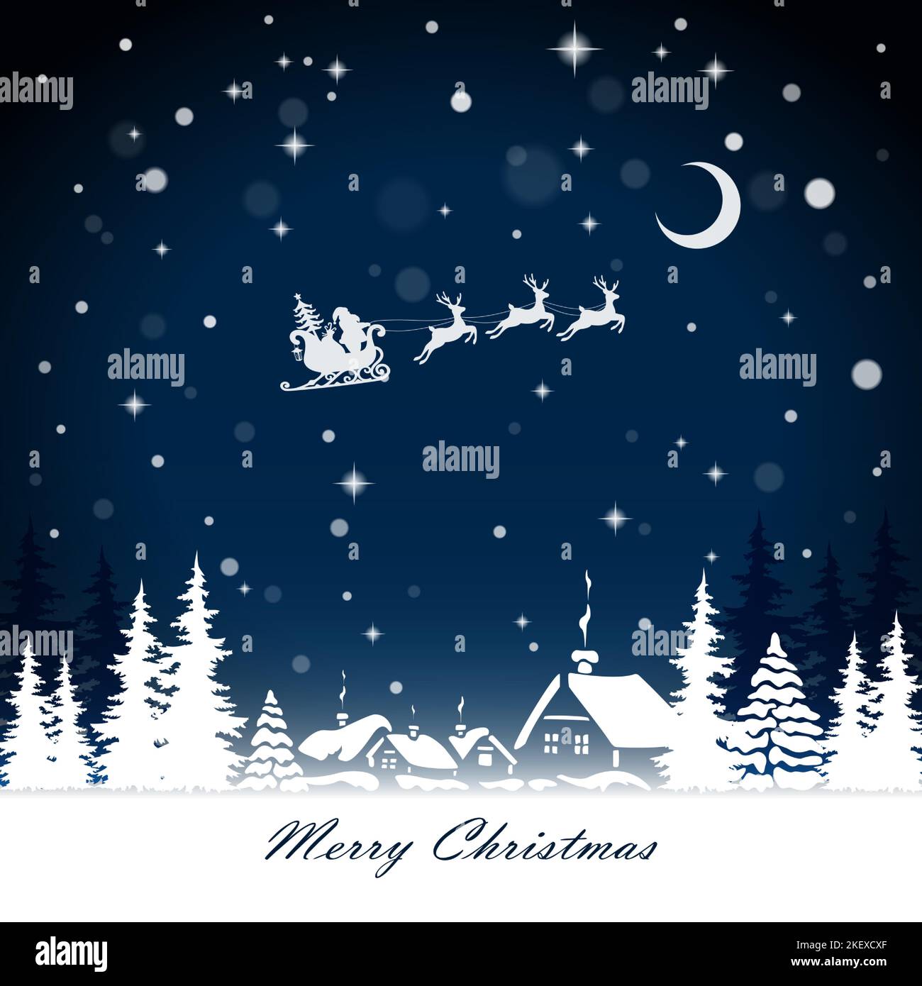 Santa Claus and gifts in sleigh with reindeers pulling the sleigh on village background. Vector ...