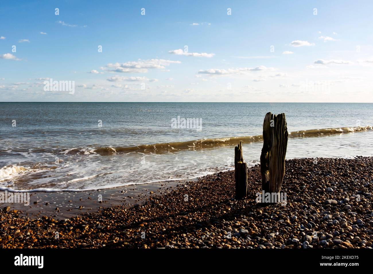 Sea defences worn by constant tides at Rye Harbour Nature Reserve ...