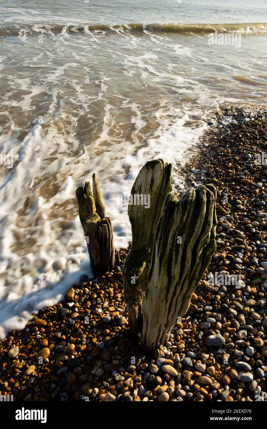 Sea defences worn by constant tides at Rye Harbour Nature Reserve ...