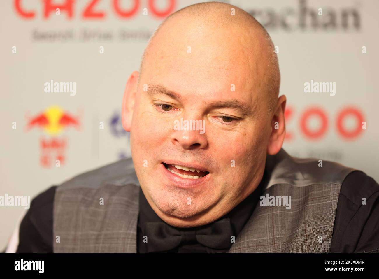 England’s Stuart Bingham is interviewed after day three of the Cazoo UK ...