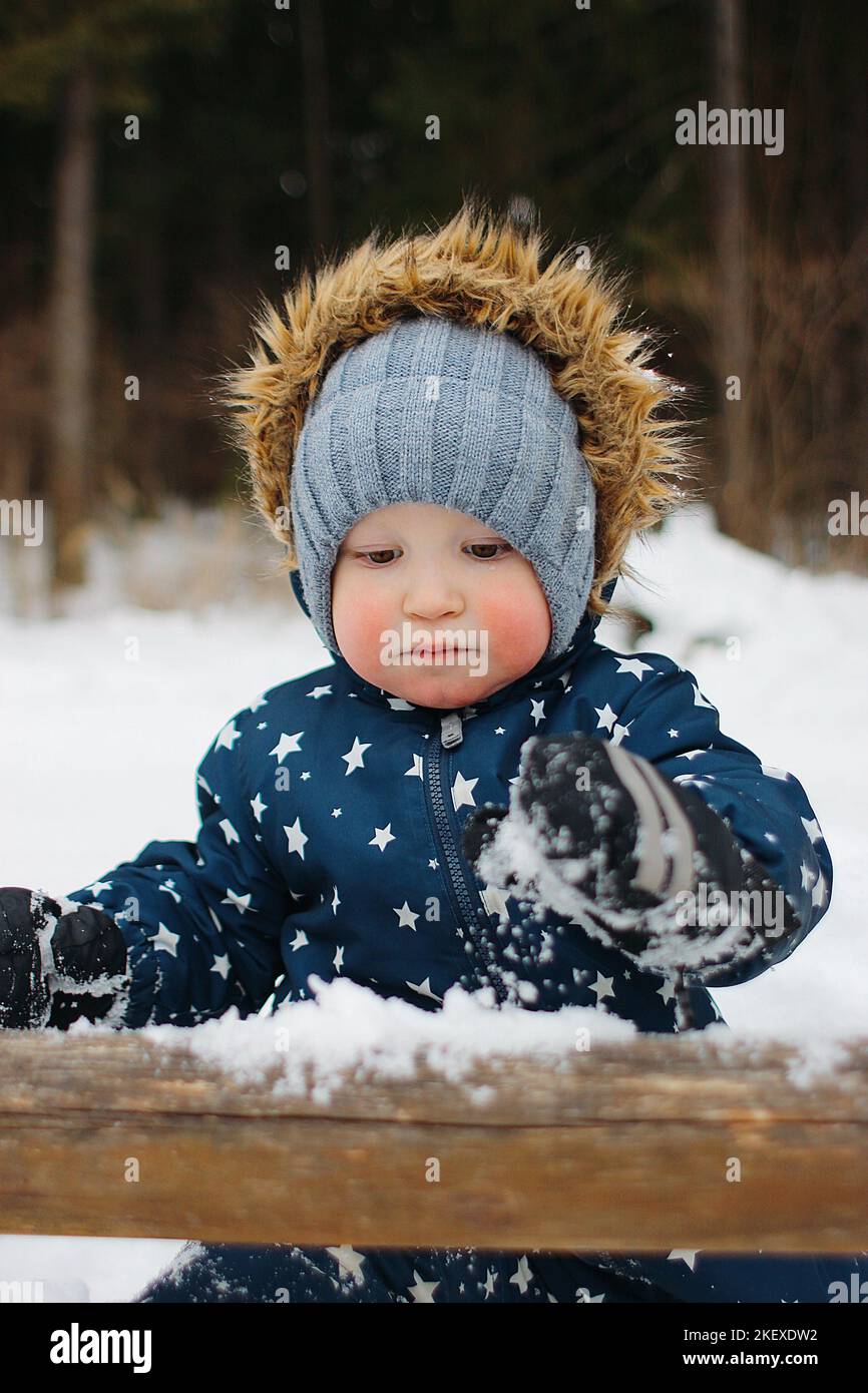 Boy making snowman in forest Stock Photo - Alamy